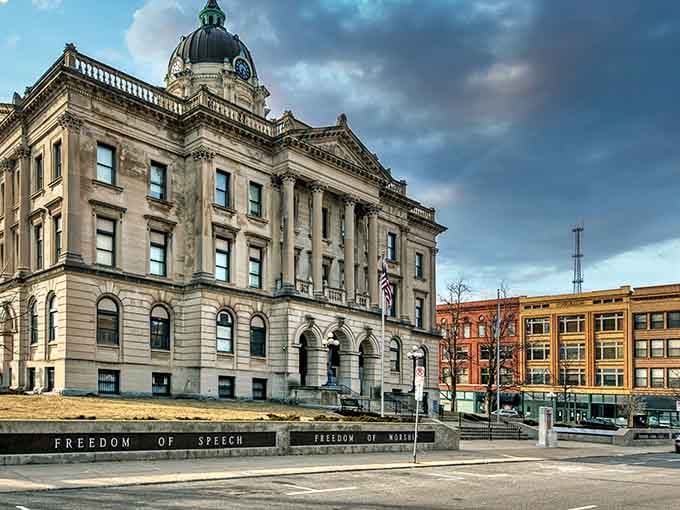 Grand courthouse architecture commands respect while the plaza invites you to pause and appreciate civic beauty done right.