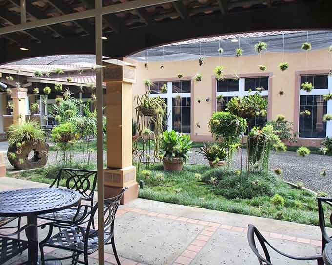 Hanging plants cascade from the covered patio like a living chandelier over tables set for leisurely garden dining.