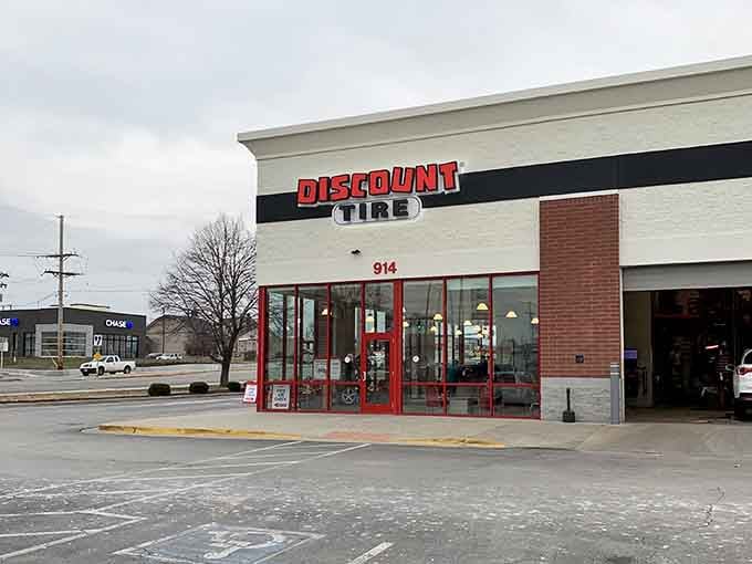 Even discount tire shops look inviting under gray skies when they're part of towns where affordability actually matters.