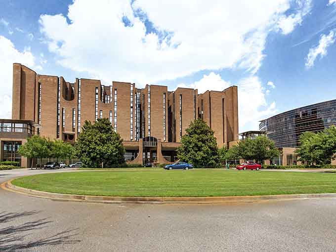 Bold brutalist lines create an unexpected architectural statement that proves affordable cities can still make dramatic first impressions.