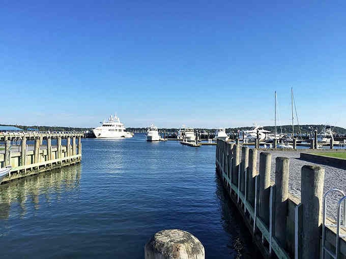 Wooden pilings stand sentinel in the marina where yachts rest peacefully, waiting for their next adventure across the Sound.