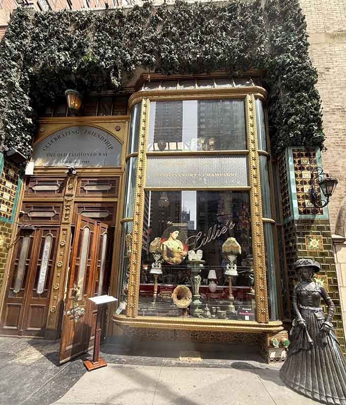 Cascading ivy and ornate details transform this storefront into a time machine back to gaslight-era New York sophistication.