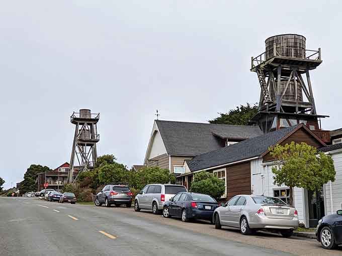 Those dramatic water towers rise above the streets like something from a Hitchcock film set on the rugged California coast.