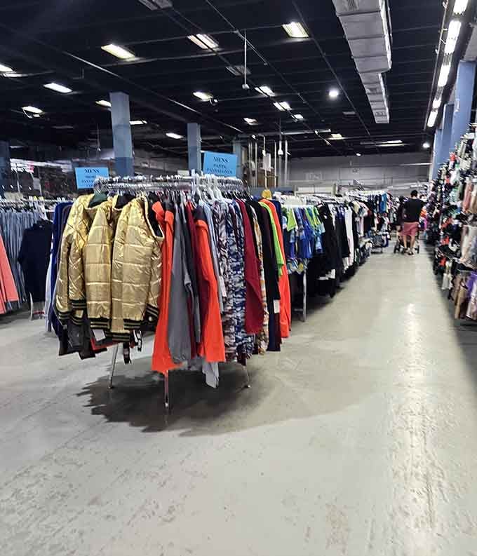 Rows of jackets in every color stretch toward infinity, proving that Florida winters do exist and require fashionable preparation.
