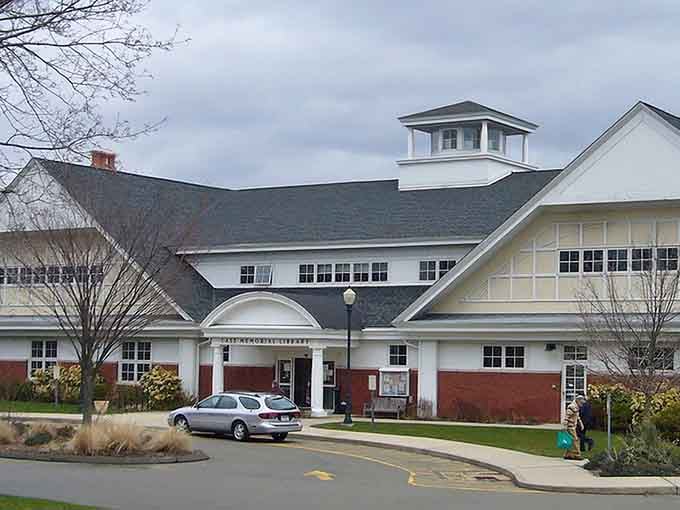 The library's distinctive roofline and welcoming entrance invite you to come in and get lost in a good book.