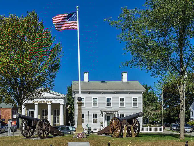 That grand flag waves over cannons and monuments honoring history on this quintessential town green.