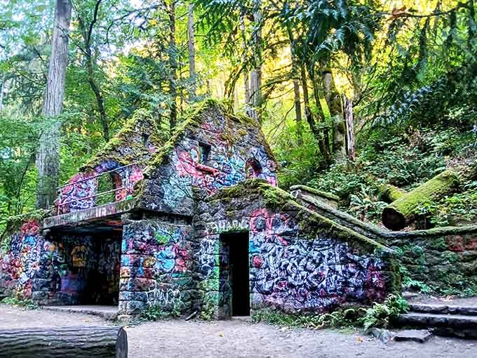 Colorful graffiti transforms abandoned stone walls into an ever-changing canvas where nature and urban art collide beautifully.