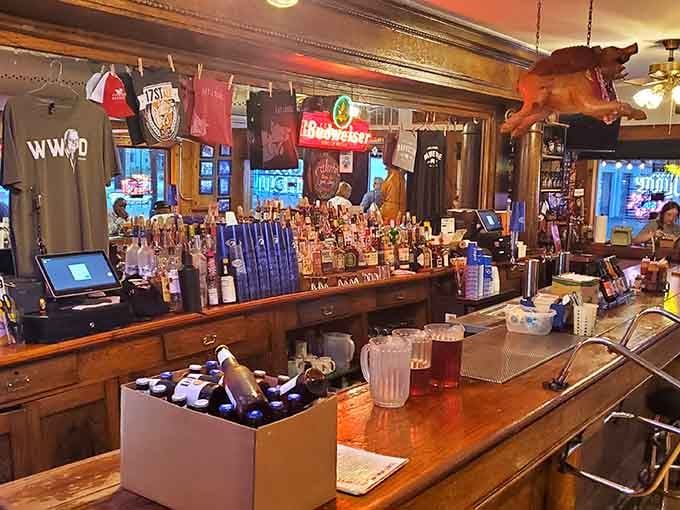 The bar stocks everything you need to wash down championship barbecue, from beer to bourbon.