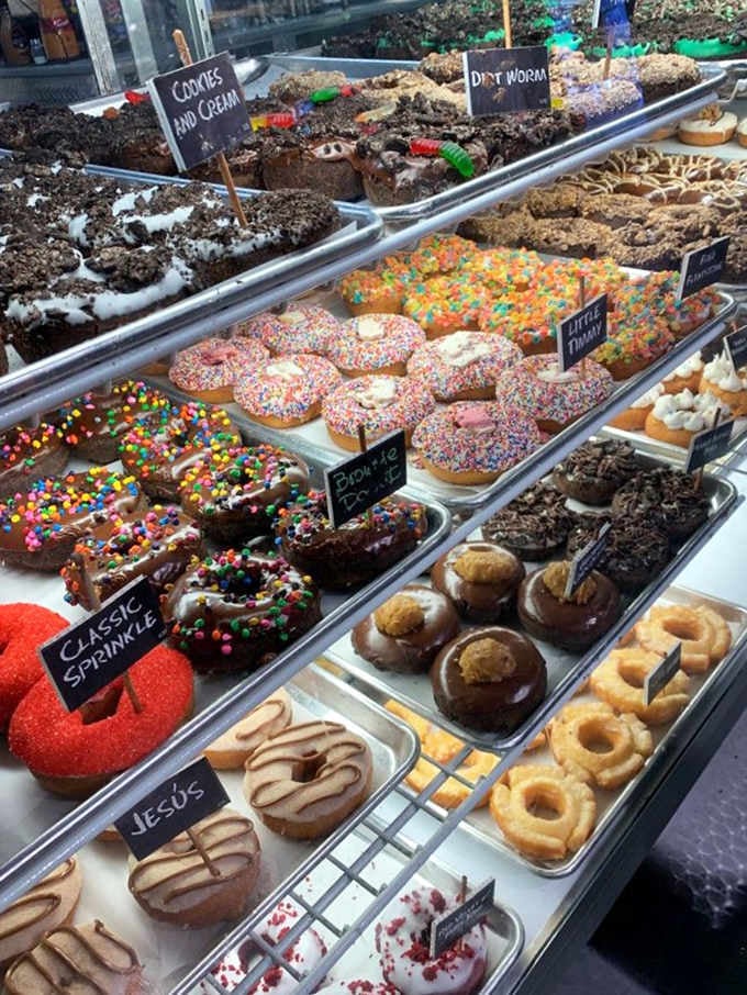 The display case reads like a menu of everything you've ever wanted for breakfast, plus things you didn't know existed.