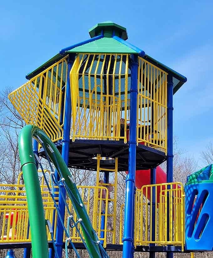 The tower's octagonal design gives it a treehouse vibe, minus the splinters and the parental heart attacks.