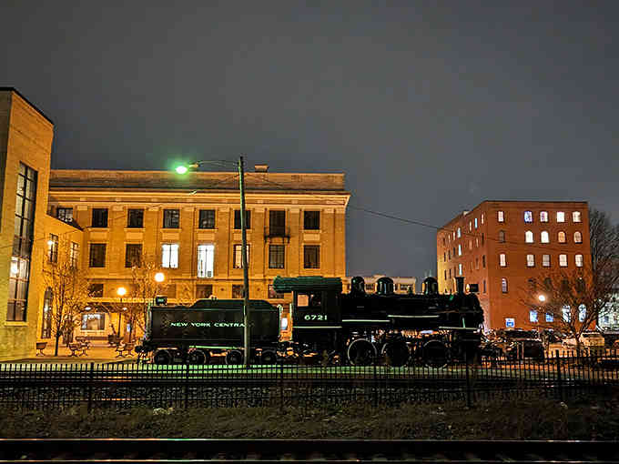 Even at night, locomotive 6721 commands attention like a steel monument to American industrial heritage and pride.