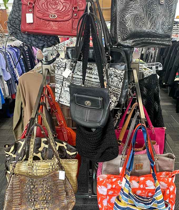 The purse display offers more variety than most mall stores, from practical everyday bags to statement pieces.