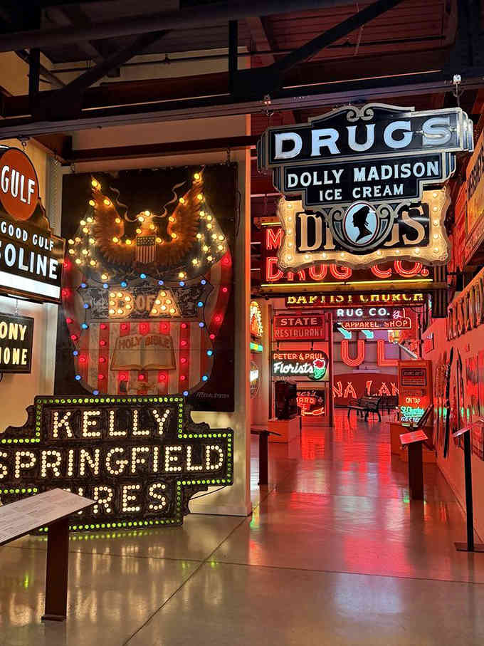 Kelly Springfield Tires and vintage drug store signs create a perfectly preserved slice of mid-century Main Street America.