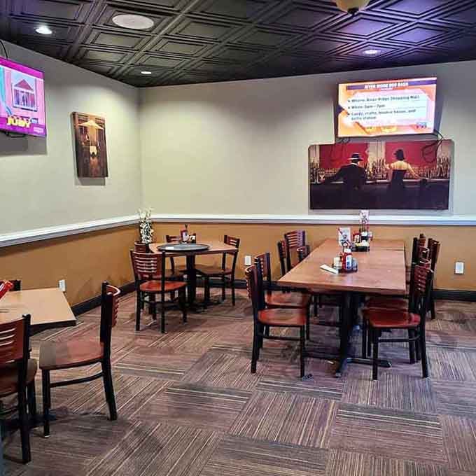 Clean, comfortable dining room with TVs and plenty of space to spread out after tackling those legendary portion sizes.