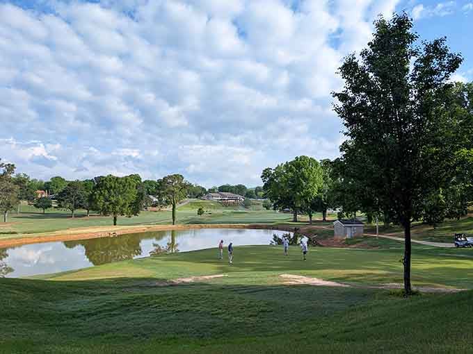 Manicured greens and water features create a golfer's paradise that looks almost too pretty to play through.