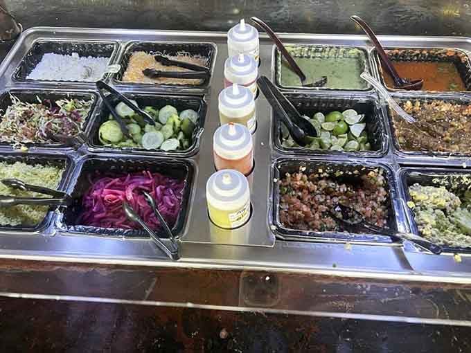The salsa bar offers endless customization options, turning every bite into your own personal creation.