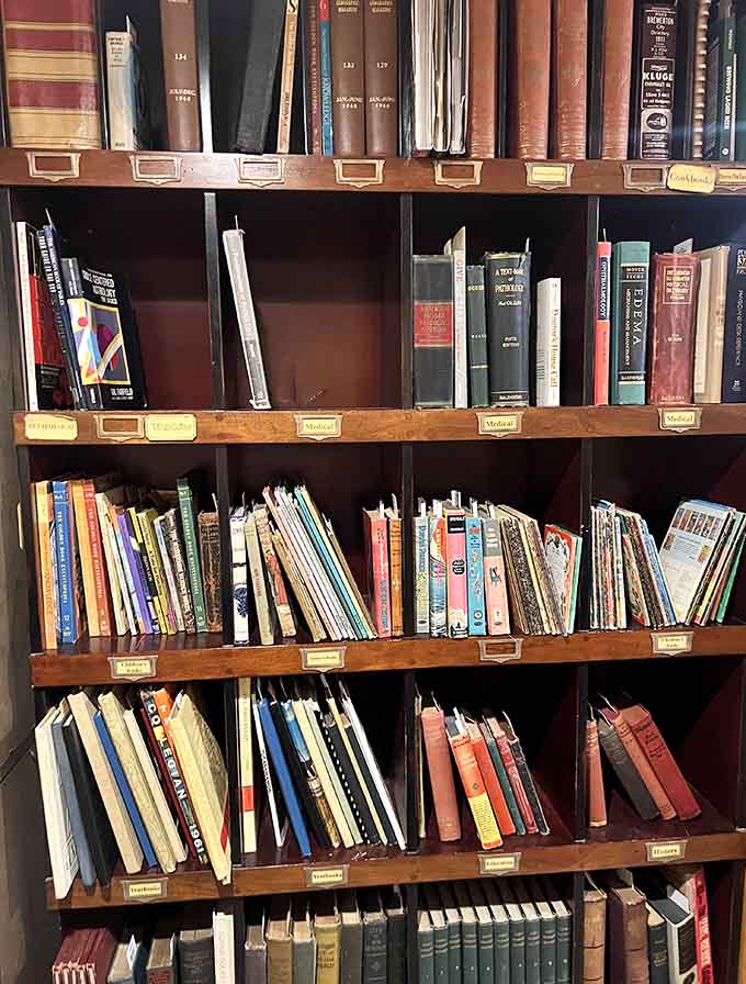 Shelves of antiquarian books organized by subject matter offer knowledge from eras when medicine was more hope than science.