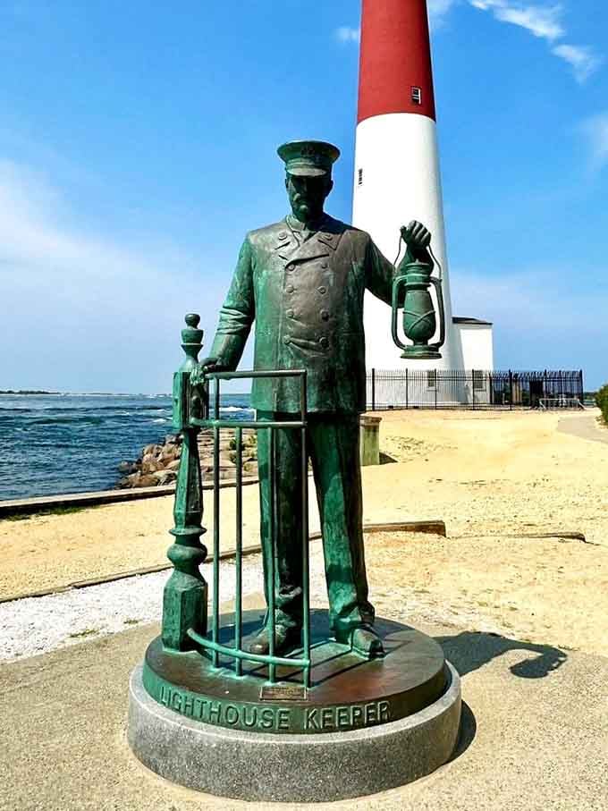The Lighthouse Keeper statue stands eternal watch, never complaining about the commute or asking for overtime.