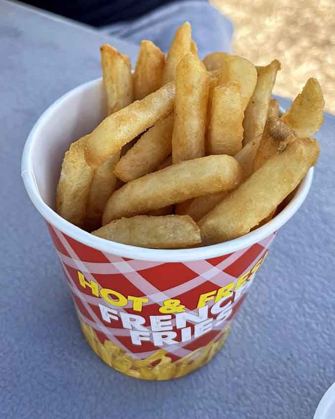 These golden beauties stand at attention in their cheerful cup, crispy soldiers ready to accompany your burger into battle.