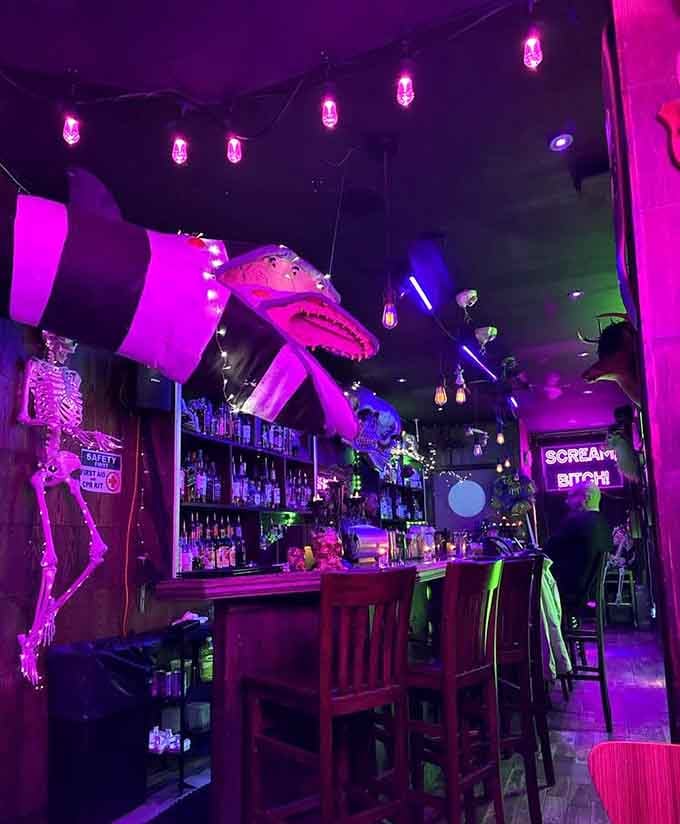 The bar area proves that skeletons and spirits make surprisingly compatible companions for an evening out.