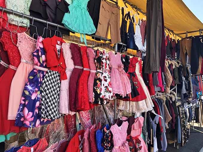 Colorful dresses flutter in the breeze, offering fashion possibilities that won't require a second mortgage or credit counseling.