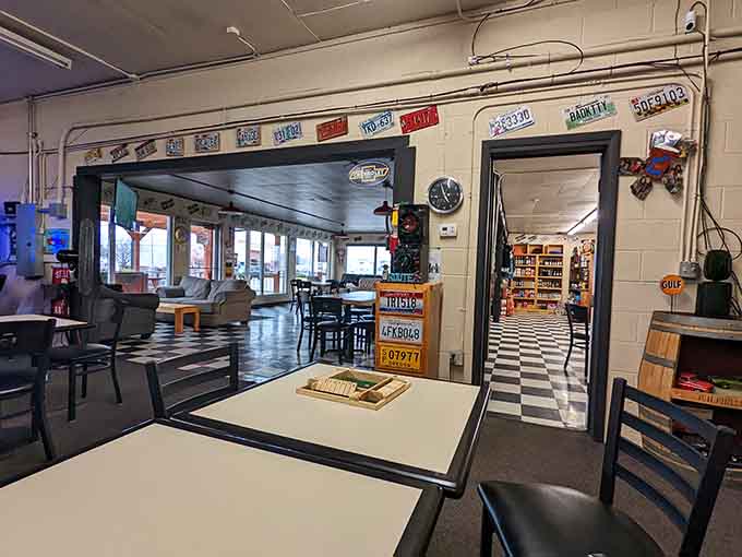 The checkered floor and automotive memorabilia transport you to a simpler time when garages were gathering places.