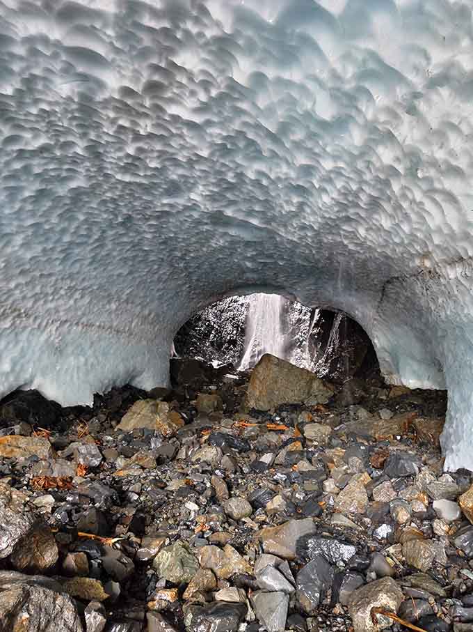 Inside the ice cave, rippled patterns create an alien landscape that'd make Stanley Kubrick jealous.