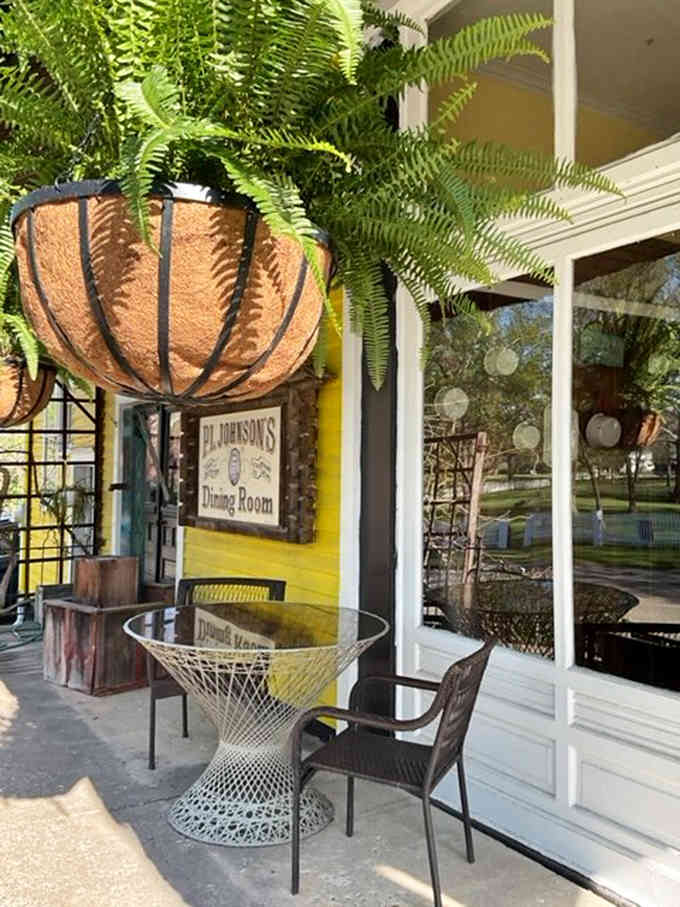 Hanging ferns and vintage charm create the perfect porch setting for contemplating life's important questions, like dessert.