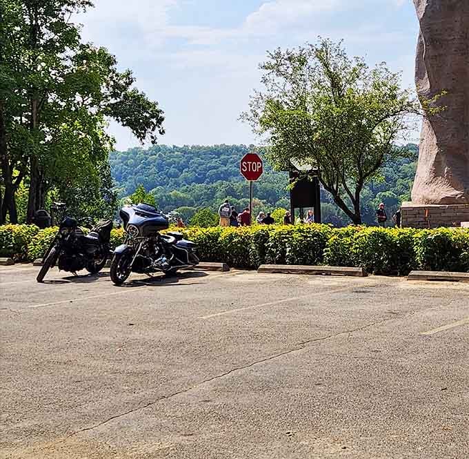 Even the parking area offers views, with motorcycles lined up like they're paying homage to greatness.