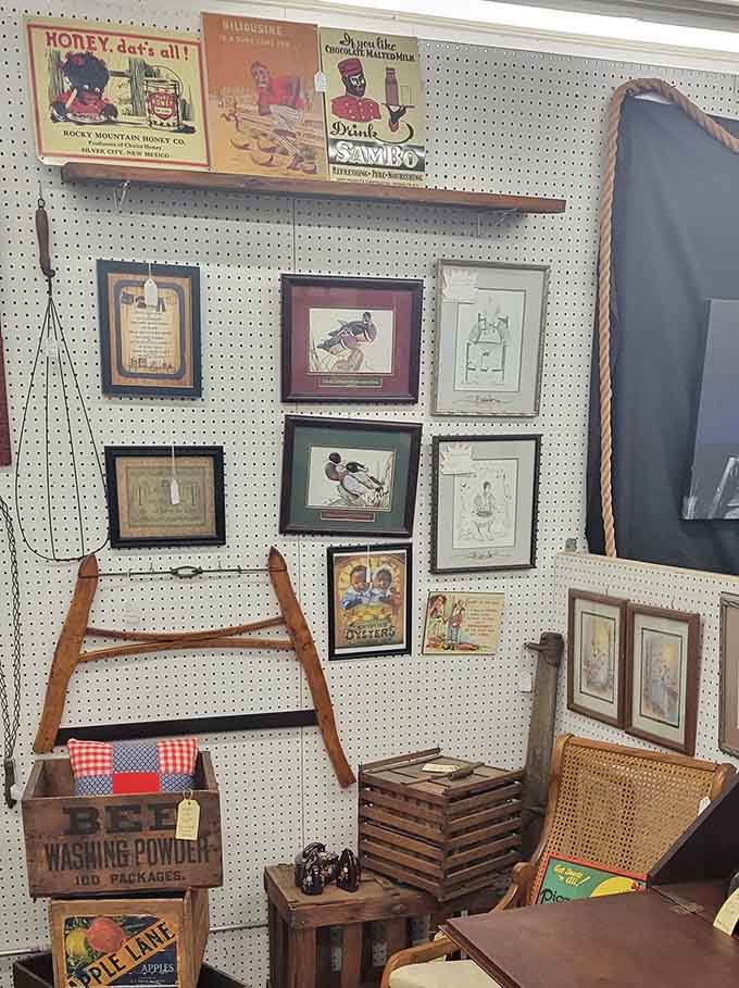 Vintage advertising and folk art cover the walls, turning shopping into an impromptu museum visit.