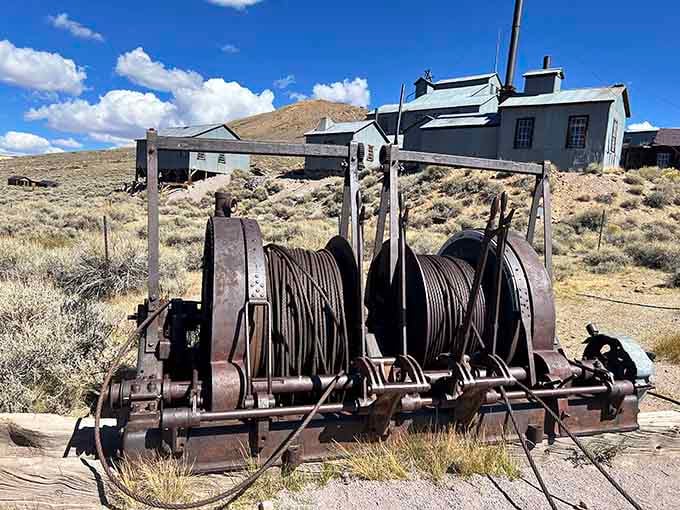 This massive winch once hauled ore from deep underground, now it's just another piece of Bodie's open-air museum collection.