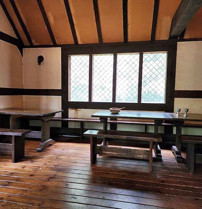 Diamond-paned windows and wooden benches create the perfect setting for feasting like it's 1399.