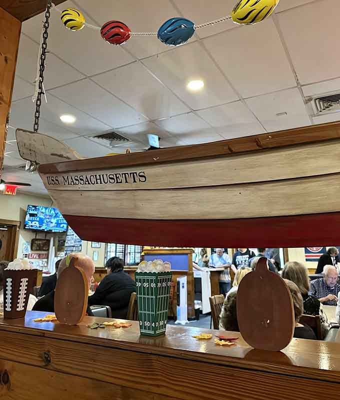 A boat named USS Massachusetts hangs overhead, just in case you forgot where this restaurant's heart truly belongs.