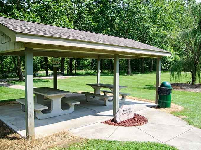 Shaded picnic shelters prove that simple pleasures like eating outdoors never go out of style, ever.