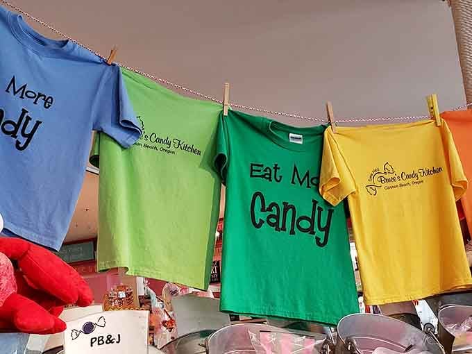 Colorful shirts hanging like laundry declare the universal truth: everyone should eat more candy.