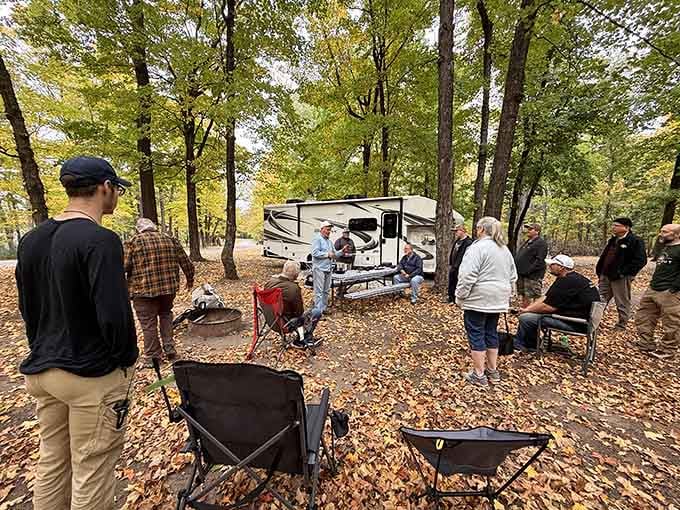 Fall camping with friends means laughter echoing through the trees and memories that'll warm you all winter long, guaranteed.