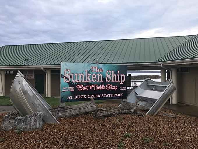 The Sunken Ship bait shop proves that even practical places can have a sense of humor and adventure.