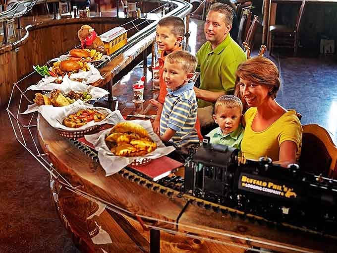 Watching a miniature locomotive deliver your dinner never gets old, no matter how many times you've seen it happen.