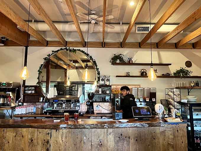 The rustic counter and arched doorway frame a space where good food happens, and that's really all you need to know.