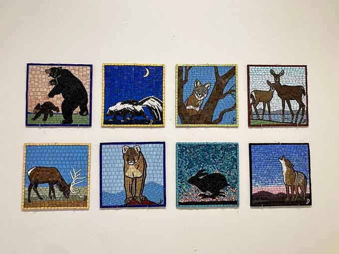 Handcrafted mosaic tiles depict California's native animals in charming, folk-art style portraits.
