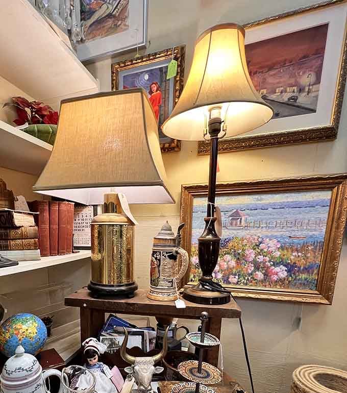 Vintage lamps casting warm light on paintings and memories, proving good lighting never goes out of style or fashion.
