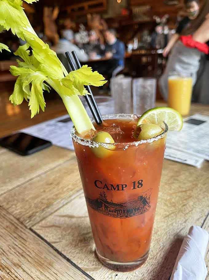 A Bloody Mary garnished with enough celery to count as salad, making this basically a health drink by Oregon standards.