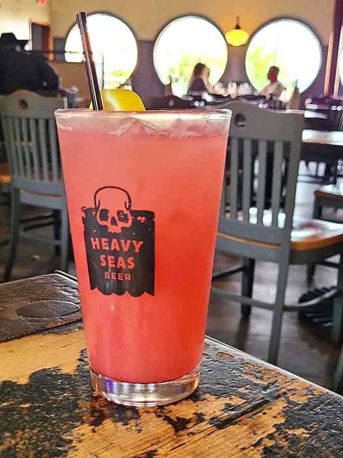 Strawberry lemonade served in a pint glass because regular sizes are for landlubbers. Heavy Seas Beer knows what's up.