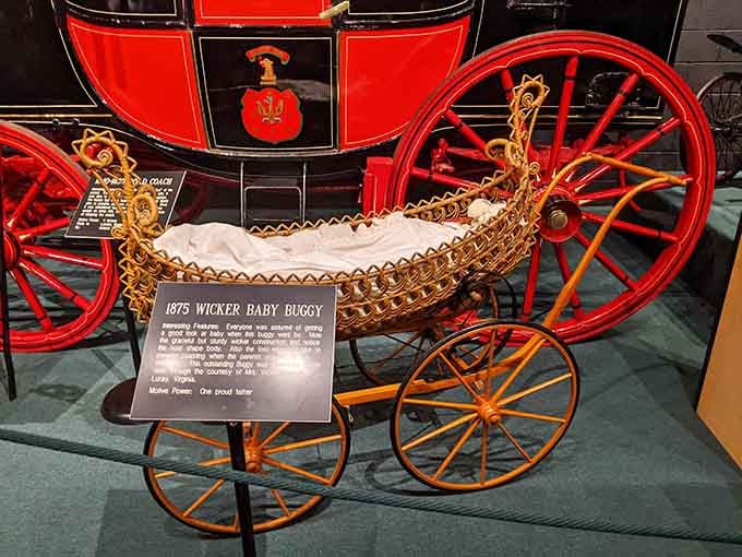 Victorian parents pushed their precious cargo in this ornate wicker buggy that's fancier than most modern strollers.