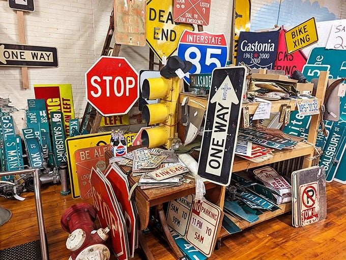 Vintage road signs create a traffic jam of nostalgia, from stop signs to interstate markers and everything between.