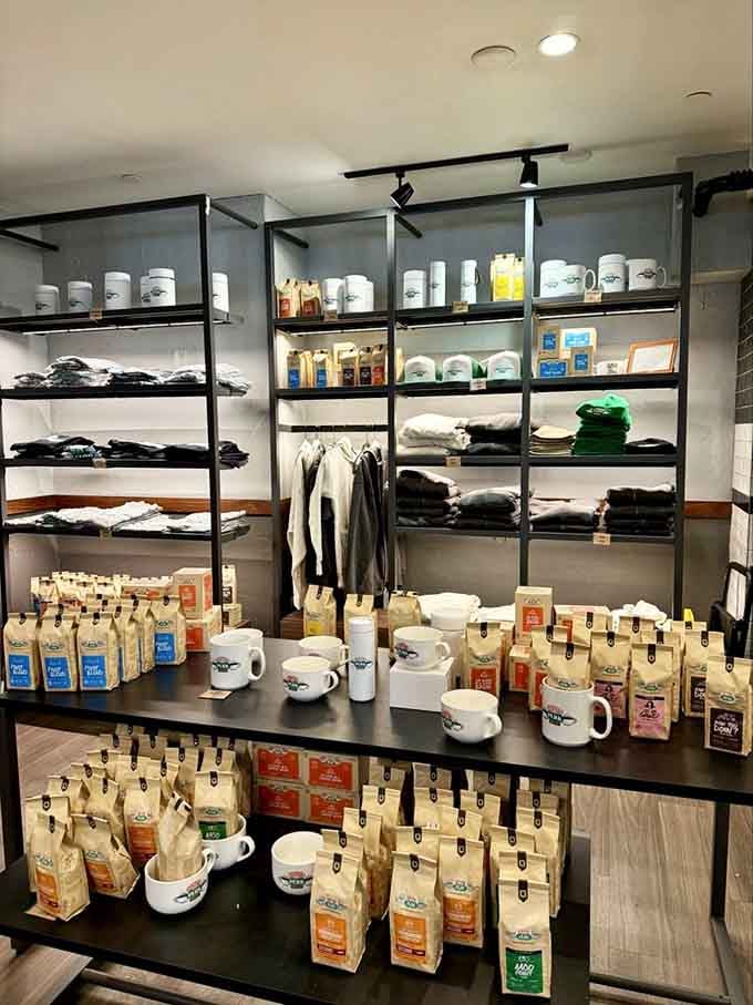 Shelves stocked with Central Perk merchandise and coffee beans, so you can literally take this experience home with you.