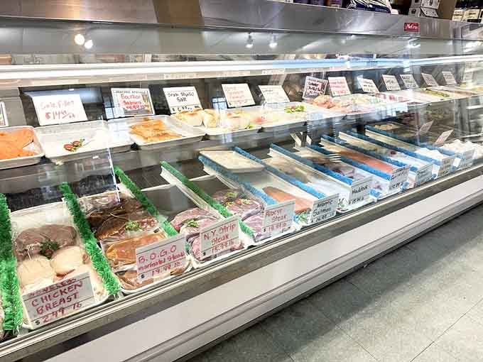 The fresh catch display where your dinner is still deciding what it wants to be when it grows up.
