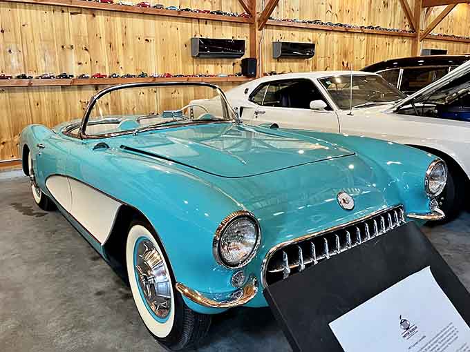 That turquoise and white Corvette is pure 1950s optimism on wheels, complete with those iconic whitewall tires.
