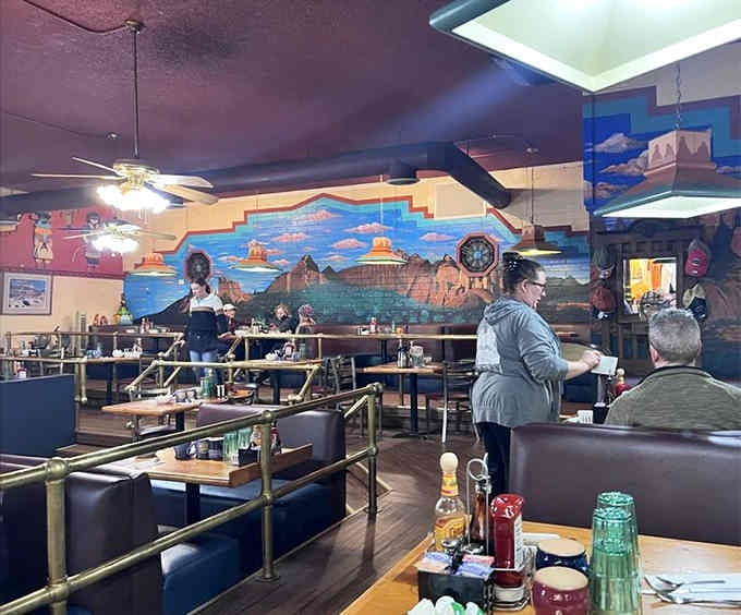 Friendly servers navigating the breakfast rush with smiles, ready to help you choose from those intimidating 101 options.