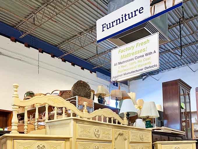 The furniture section towers with possibilities, from elegant dressers to pieces that just need the right home to shine.